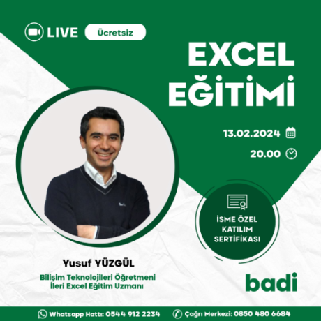 Yusuf Yüzgül ile Ücretsiz Excel Eğitimi Sertifikası - Badi Etkinlik